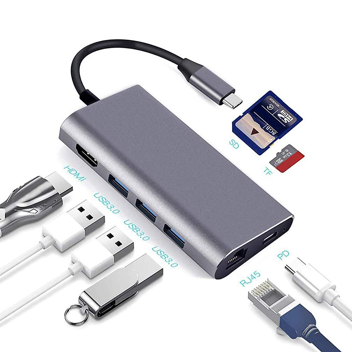 USB C Hub, 8 in 1 USB Type C Adapter with 4K HDMI, RJ45 Ethernet 1000Mbps, 3 USB 3.0, SD/TF Card Reader, Type C PD Charging Port for MacBook PRO/Air, iPad PRO, Mac