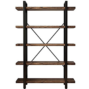 5-Tier Industrial Style Solid Wood Bookcase and Book Shelves,Rustic Wood and Metal Shelving Unit， Living Room,Modern Rustic Open Industrial Book Shelf Office,Distressed Brown (AY-02-5Tier)