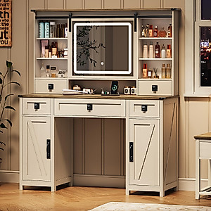 Farmhouse Makeup Vanity Desk with Sliding Mirror and Lights, 47.2" Big Vanity Table with Charging Station, Makeup Desk with 5 Drawers & 2 Cabinets, White