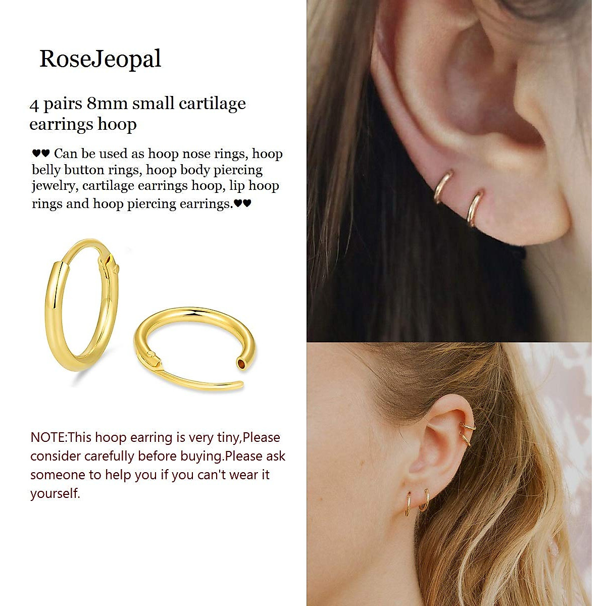 Hoop Earring 14K Gold Plated S925 Sterling Silver Endless Hoop Earring Set for Women Men 8mm-12mm (4 pairs 14K gold 8MM)