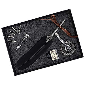 Zerodis Feather Pen, Feather Calligraphy Pen Quill Pen Set Student Writing Ink Stationery Romantic Valentine(black)