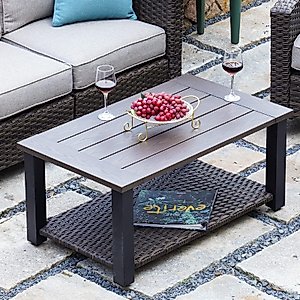 Grand patio Outdoor Coffee Table 40In Aluminum Steel Side Table Modern Rectangle Fits with Conversation Set All-Weather Resin Wicker Storage Shelf Wood Grain Finish Tabletop