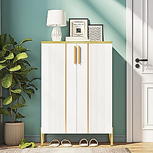 LITTLE TREE Shoe Cabinet with Doors, 6-Tier Shoe Storage Cabinet for Entryway, White and Gold