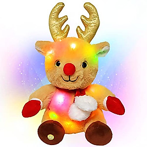 Hopearl Christmas LED Plush Reindeer Light up Elk Stuffed Animal Rudolph Floppy Night Lights Glow in The Dark Birthday Festival for Kids Toddler Girls, Brown, 13’’