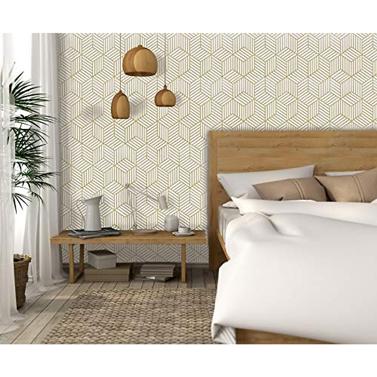 Gold and White Geometric Wallpaper Peel and Stick Wallpaper Hexagon Removable Self Adhesive Wallpaper Gold Stripes Geometric Paper Vinyl Film Decorative Shelf Drawer Liner Roll Waterproof 17.7”×118”