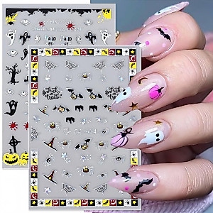 ZTZTST 8 Sheets Halloween Nail Art Stickers Cute Ghost Nail Decals 3D Self-Adhesive Laser Bat Cat Skull Spooky Designs Decals Halloween DIY Manicure Supplies Decorations Nail Charms for Women Girls