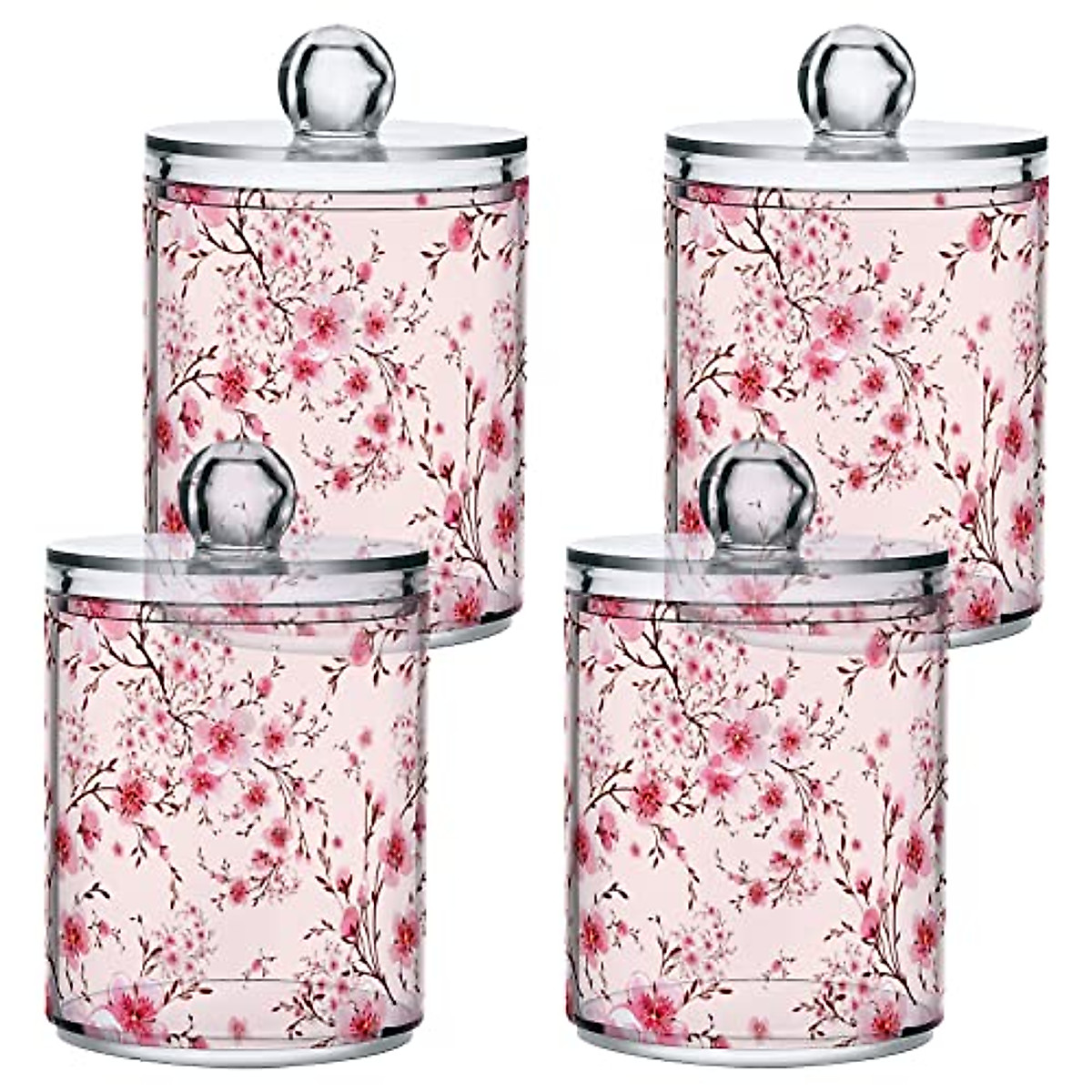MNSRUU 2 Pack Qtip Holder Organizer Dispenser Pink Cherry Tree Bathroom Storage Canister Cotton Ball Holder Bathroom Containers for Cotton Swabs/Pads/Floss