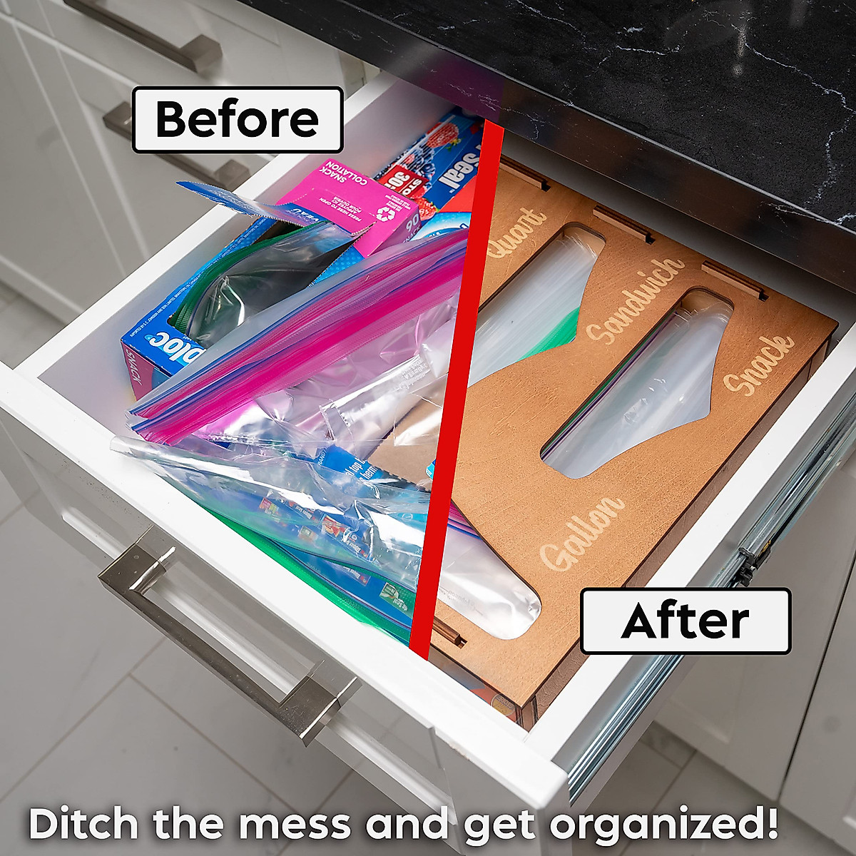 Decozion Ziplock Bag Storage Organizer - Food Kitchen Drawer Zip Lock Container Sandwich Bag, Plastic Baggie Dispenser for & Cabinet