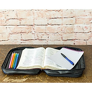 Black Leather Like Reinforced Bible Cover Case with Handle and Stationary, X-Large