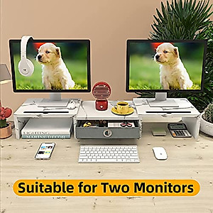 WESTREE Dual Monitor Stand Riser with Drawer-Monitor Stand Riser for 2 Monitors, Adjustable Length and Angle, 2 Phone Hold,Desktop Organizer Stand for Computer/Laptop/PC/Printer