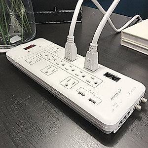 OviiTech 12 Outlet All-In-One Mountable Surge Protector Power Strip with2 USB Charging Ports(3.1A Total and Phone/Ethernet/Coax Protection,6 Foot Heavy Duty Extension Cord,4380 Joules,White,ETL Listed