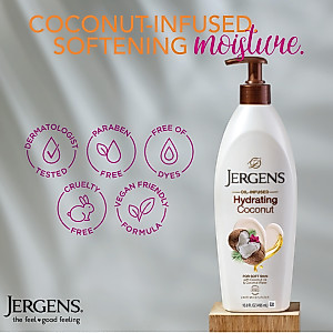 Jergens Hydrating Coconut Body Lotion, Hand and Body Moisturizer Hydrates Dry Skin Instantly, Infused with Coconut Oil, Dermatologist Tested, 16.8 oz