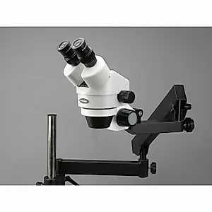 AmScope SM-7BY-FRL Professional Binocular Stereo Zoom Microscope, WH10x Eyepieces, 7X-90X Magnification, 0.7X-4.5X Zoom Objective, 8W Fluorescent Ring Light, Articulating-Arm Boom Stand, 110V-120V, Includes 2.0X Barlow Lens