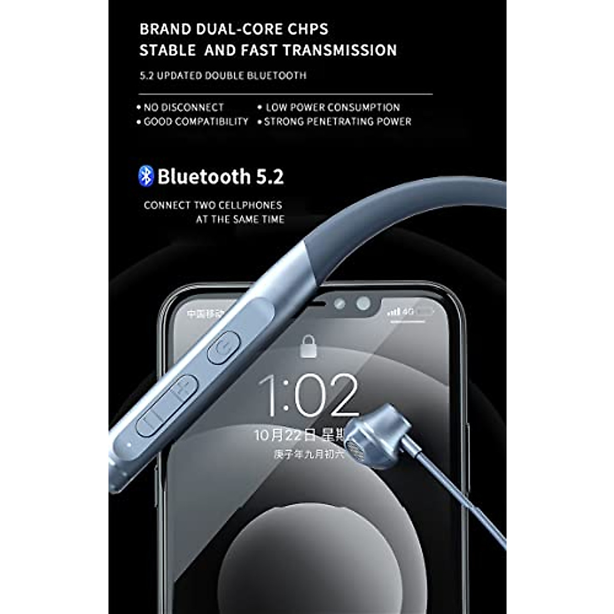 Neckband Bluetooth Headphones Around The Neck Wireless Earbuds with Microphone Flashlight Waterproof Sport Headset Noise Cancelling Ear Buds 120H Playtime for Running Cycling Cell Phone Android iOS