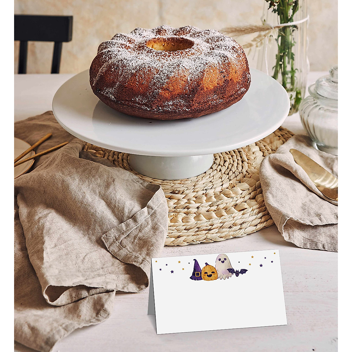 Halloween Table Place Card, 25 Pcs Tent Style Cards Set with Pumpkin and Ghost, Editable Name Cards for Table Seating, Scored for Easy Folding, Food Lables for Halloween Party (01)