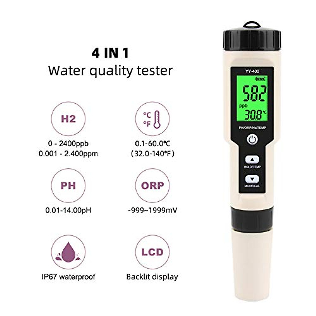 4 in 1 Portable Water Quality Monitor Test Pen 0.01-14.00pH Measuring Range PH ORP H2 Temperature Tester YY-400