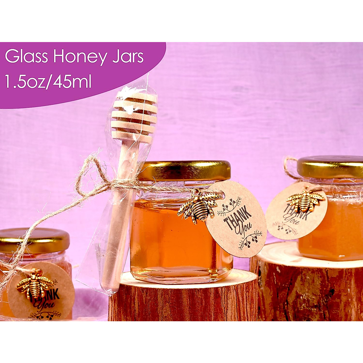 DnayDkiy 40 Pack 1.5 oz Hexagon Mini Glass Honey Jars with Dipper, Gold Lids, Bee Pendants, Jutes, Golden Gift Bags and Thank You Cards - Perfect for Baby Shower Favors, Wedding Favors Party Favors