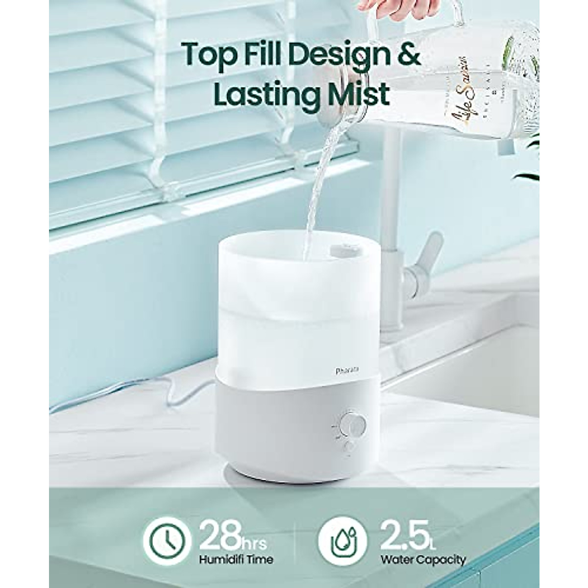 Pharata Humidifiers for Bedroom Large Room, 2.5L Cool Mist Humidifier with Essential Oil Diffuser, Top Fill Air Humidifier for Baby, Home, Plant, Ultrasonic Humidification for whole house, Auto Shut-Off, (White)