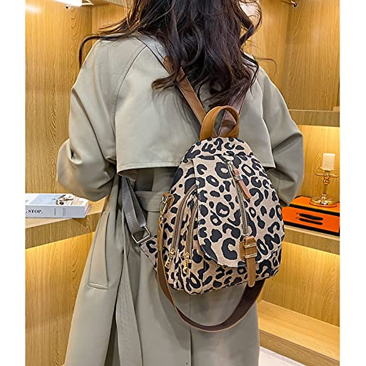 Tekzitfuir Women's Leopard Backpack Water Resistant Travel Bag Student Anti-theft Daypack Teen Girls Satchel Bag Daypack (2 zipper)