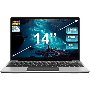 jumper Laptop, 12GB LPDDR4 256GB SSD and Expandable 256GB TF Card Expansion, Quad-Core Intel Celeron CPU(Up to 2.5GHz), 14" 1080P FHD Display, Laptops Computer with 2.4G/5G WiFi, Dual Speakers.