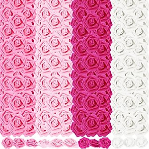 Sinmoe 600 Pieces Artificial Rose Flower Heads for Decorations 3 Inch Stemless Flowers for Weddings Bouquets DIY Crafts 4 Colors Pink White Foam Fake Roses for Baby Shower Arrangements Party Home
