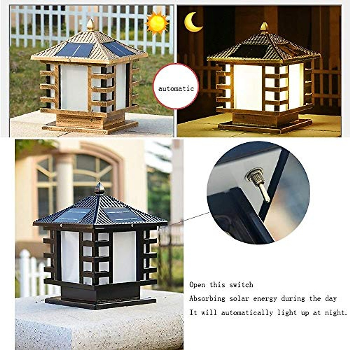 Solar Column Headlight Exterior Energy Saving LED Post Lantern Super Bright Garden Home Wall Light Street Antique Pillar Lamp Fixture