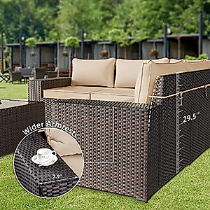 Grezone Patio Outdoor Furniture Sets with Fire Pit Table 7 Piece All Weather Wicker Conversation Sectional Sofa Couch Lawn Sectional Furniture with Washable Couch Cushions and Wicker Table, Beige