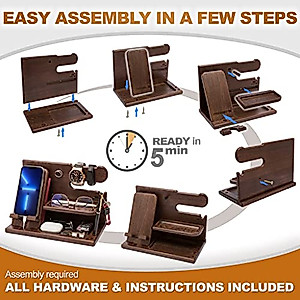 TESLYAR Wood Phone Docking Station Ash Key Holder Stand Watch Organizer Men Gift Husband Wife Anniversary Dad Birthday Nightstand Purse Father Graduation Male Travel Idea Gadgets (Brown)