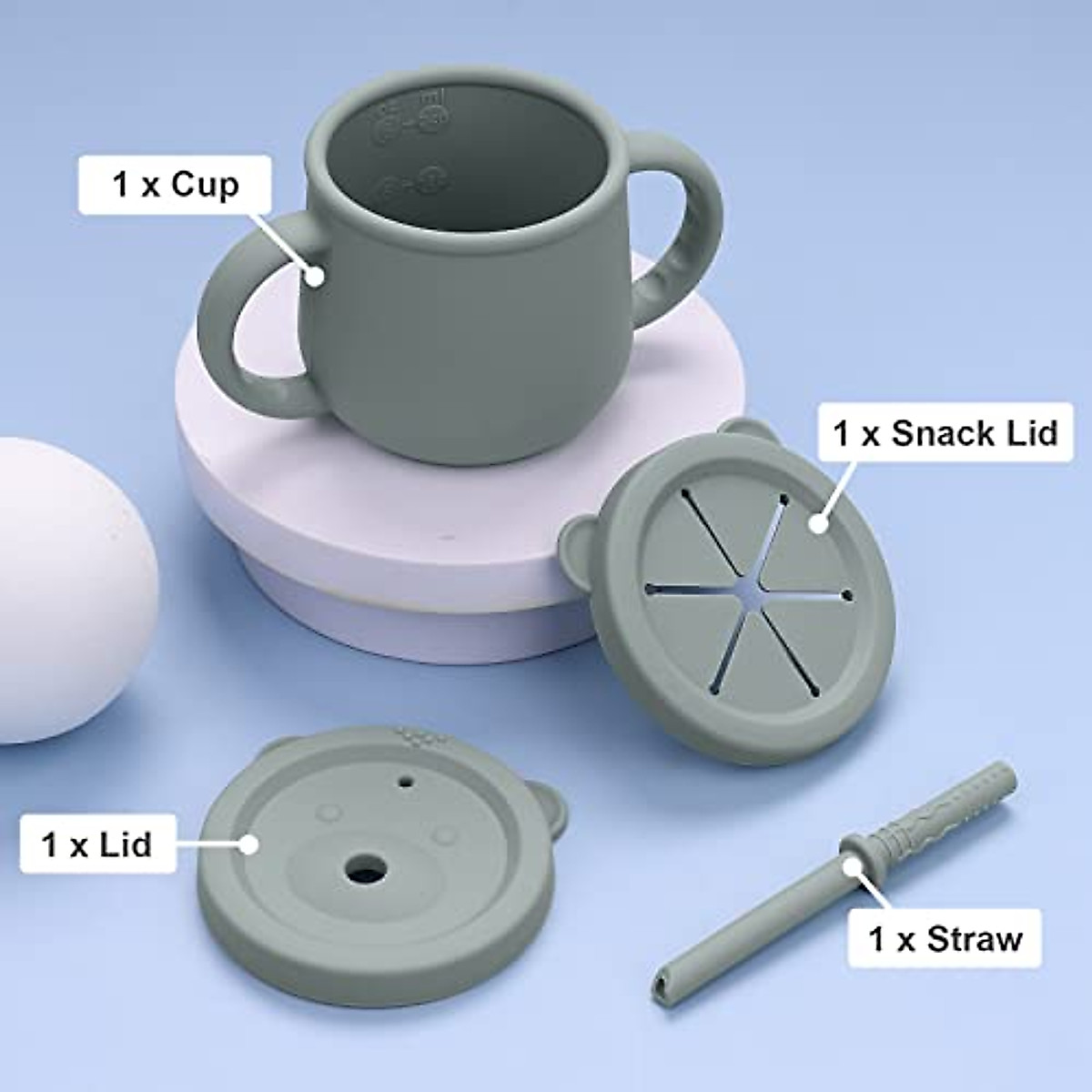 Baby Straw Cup Silicone Toddler Sippy Cup with Straw & Snack Lid, Sprill Proof Training Cup for Infant 6+ Months, Kid Snack Cup Drinking Open Cup 8 OZ (Sea Grey)