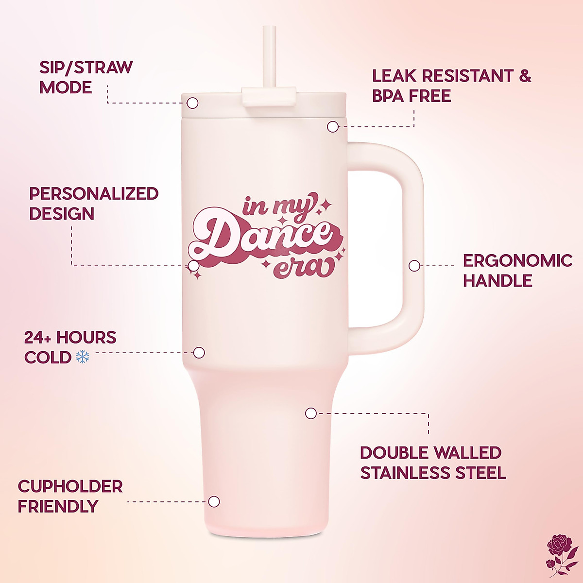 VIOLET & GALE Dance Team Gifts, Dancer Gift For Girls - Retro Design - 40oz Insulated Tumbler with Handle - In My Era Cup Water Bottle for Latin Ballroom Salsa Teacher