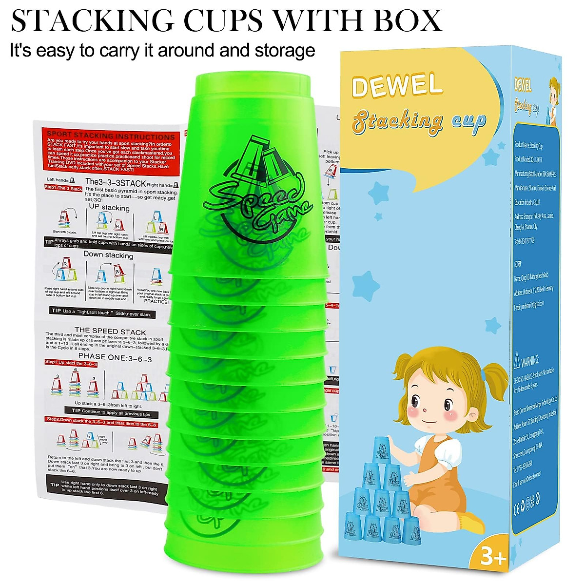 DEWEL Stacking Cup Game with 15 Stack Ways, 12pcs Cup Stacking Set, Sport Stacking Cups BPA-Free Material, Classic Family Game, Great Gift Idea for Stack Games Lover. (Green)