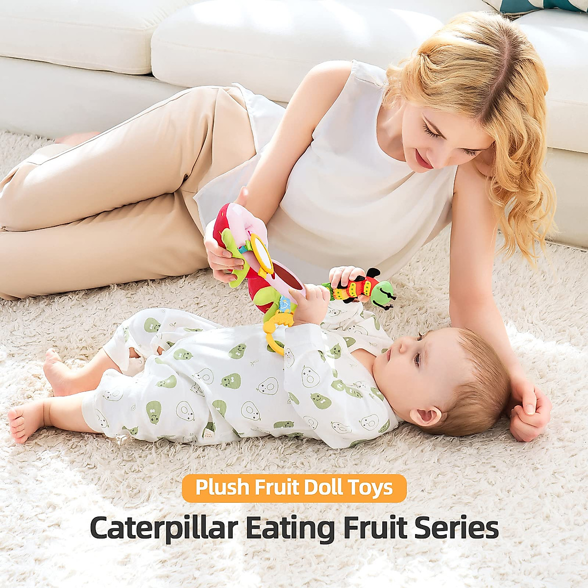 Jollybaby Plush Stuffed Fruit Baby Rattle Toy for Stroller Car Seat Crib, Montessori Sensory Plush Avocado Toy with Rattle and Mirro Toy for Baby 0-6-12 Months, Infant Baby Boy & Girl Shower Gift