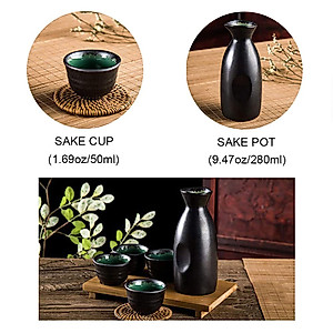 Sake Set Black Japanese 5 Pieces Traditional Japanese Sake Cup Set Hand Painted Design Porcelain Pottery Ceramic Cups Crafts Wine Glasses Gifts (Classic, 280 ML)