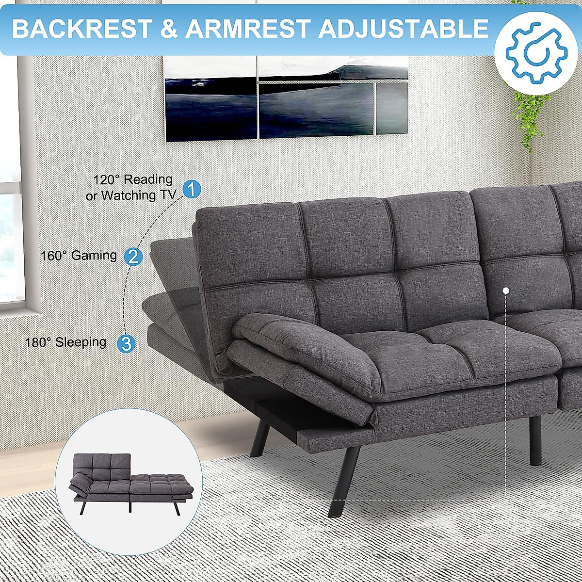 MUUEGM Futon Sofa Bed Couch Sofa, Memory Foam Futon Sleeper Sofa Loveseat Convertible Couch Bed for Small Compact Spaces, Apartment, Dark Grey.