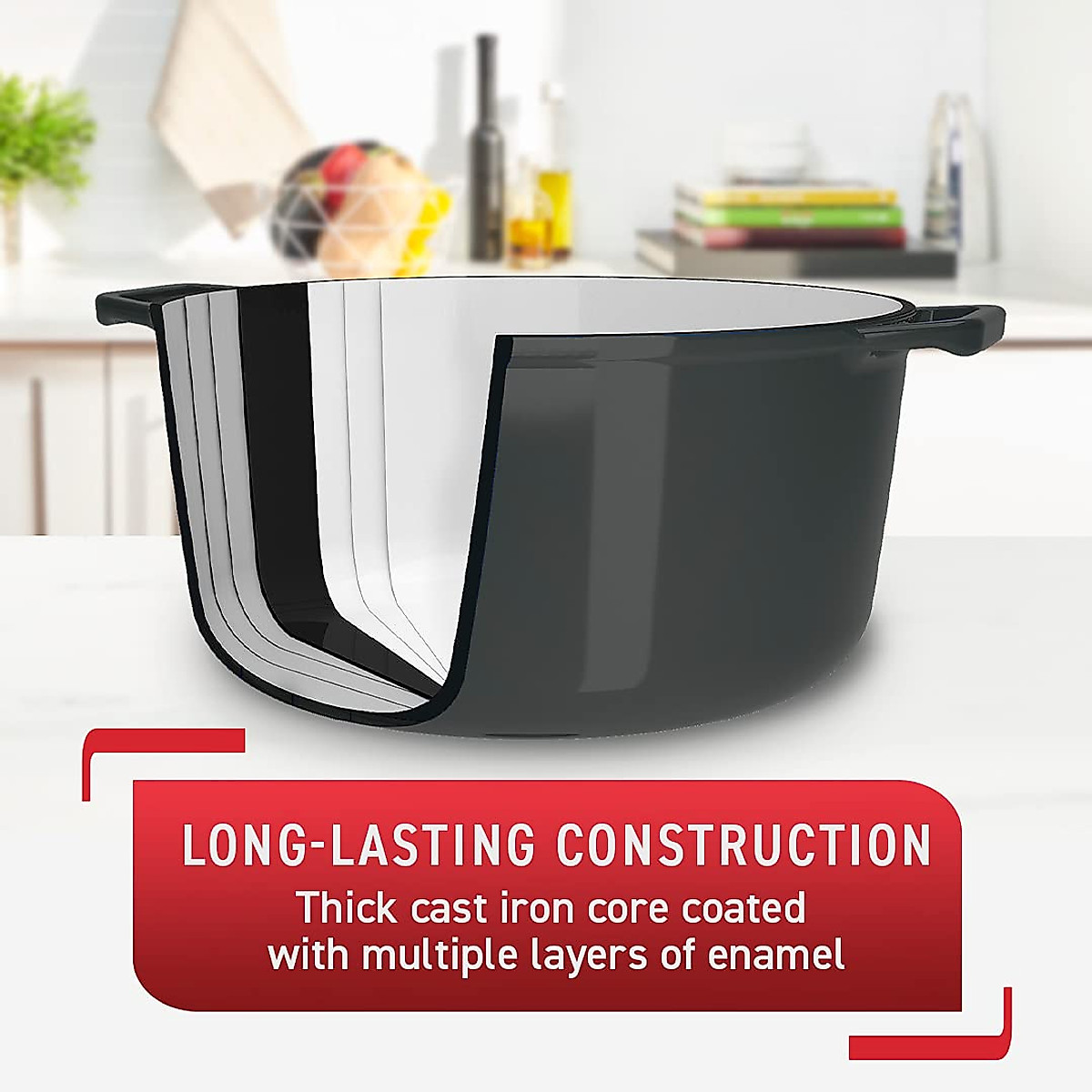 T-fal Cast Iron Enameled Dutch Oven 6 Quart Induction Oven Broiler Safe 500F Pots and Pans, Cookware Grey