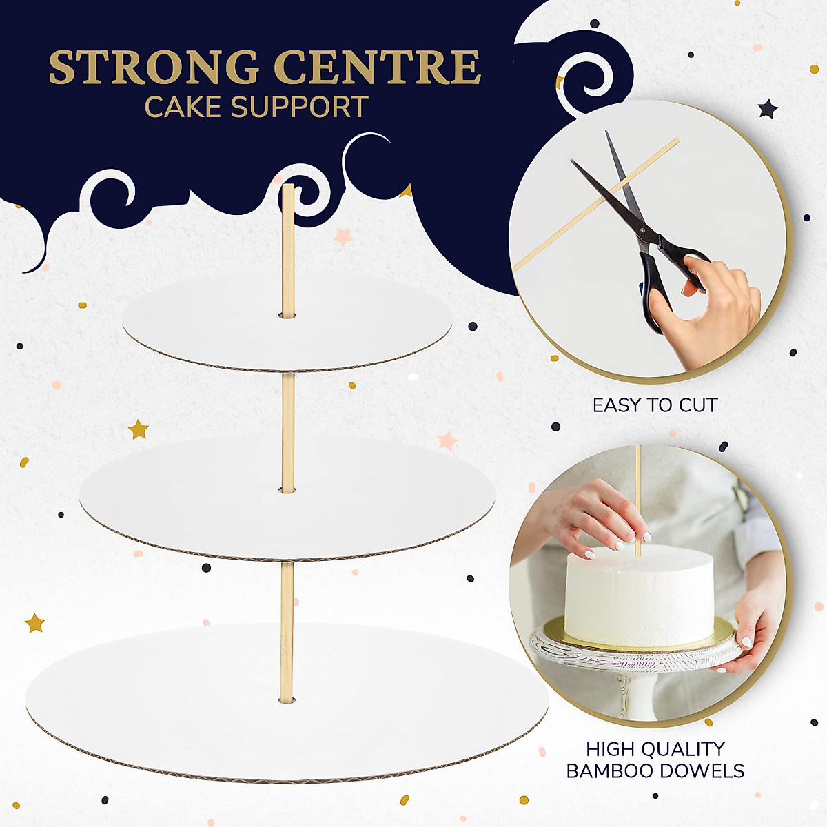 FromJennWithLove Cake Cardboard Rounds - Includes 8", 10", 12" Cake Boards with 12" x 0.25" Bamboo Dowels, Tier Cake Stacking Kit, Cake Dowels for Tiered Cakes, Cake Decorating Supplies