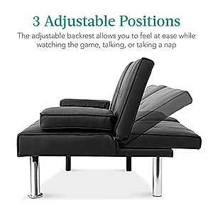 Best Choice Products Faux Leather Upholstered Modern Convertible Folding Futon Sofa Bed for Compact Living Space, Apartment, Dorm, Bonus Room w/Removable Armrests, Metal Legs, 2 Cupholders - Black