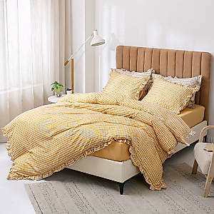 INFLAG Ruffle Duvet Cover Set Twin Size, Vintage Ruffle Plaid Bedding Set, 100% Washed Cotton Soft Breathable Quilt Cover 2 Pieces Zipper Closure Bedding (Yellow, Twin 66"x90")