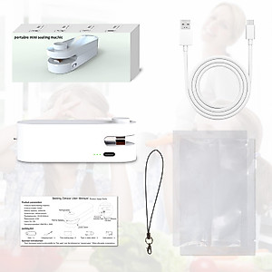 Mini Bag Sealer, 2 in 1 Bag Sealer and Cutter, USB Rechargeable Chip Bags Sealer Heat Seal with Cutter, 2 Adjustable Gear, Lanyard & Magnetic Bag Resealer for Plastic Snack Bags(White)