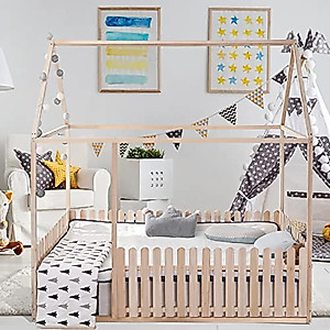 Full Size Single Floor Bed Frame Children's Room with Roof and Fence Wooden Natural Modern Contemporary Nature Wood Finish Handmade