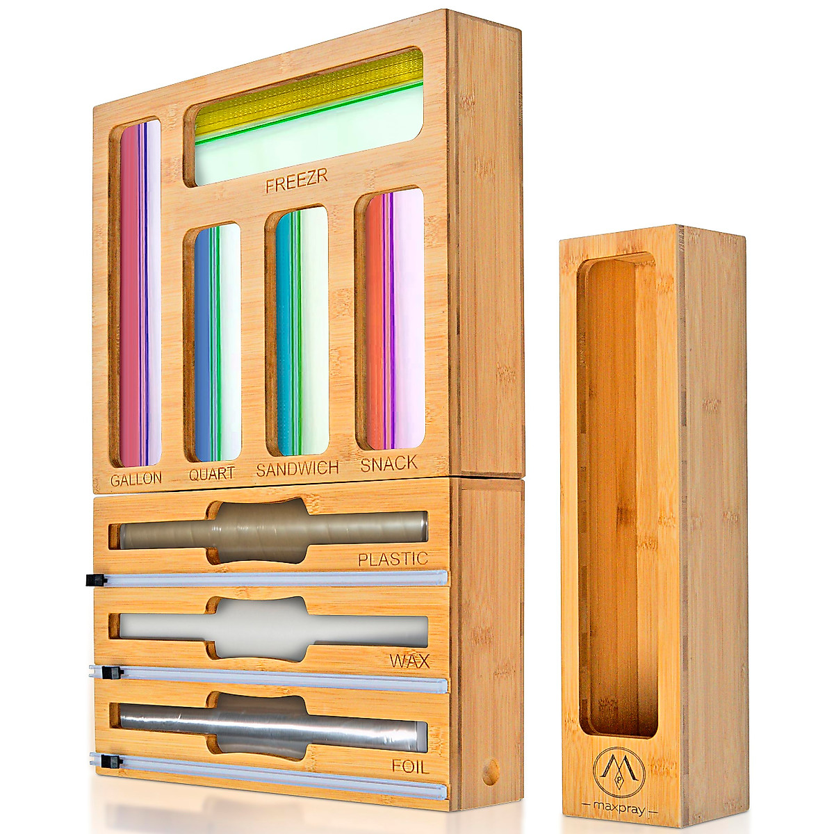 Maxpray Premium Storage Bag Organizer, Foil and plastic Wrap Organizer with Cutter, Kitchen Organizers and Storage Compatible with Gallon, Quart, Sandwich, Snack Bags and 12" Aluminum Foil & Wax Paper