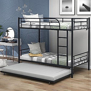 Heavy Duty Metal Bunk Bed Twin Over Twin Bunk Bed with Trundle Bed, Kids Bunk Bed with Ladder and Guardrails, Twin Bunk Beds for Kids, Boys, Girls, Teens, Black Bunk Bed Twin Size