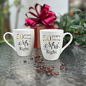 Dnuiyses 2 Pieces 50th Mr Right & Mrs Always Right Mug, 50 Years of Being Mr Mrs Always Right Present with Gold Foil Design Anniversary Wedding Gifts for Friends Parents Grandparents Couple-115