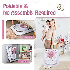 HONEY JOY Baby Walker, Foldable Toddler Walker with Toys, Learning-Seated or Walk-Behind for Boys and Girls, Adjustable Height, High Back Padded Seat, Infant Activity Walker with Wheels (Pink)