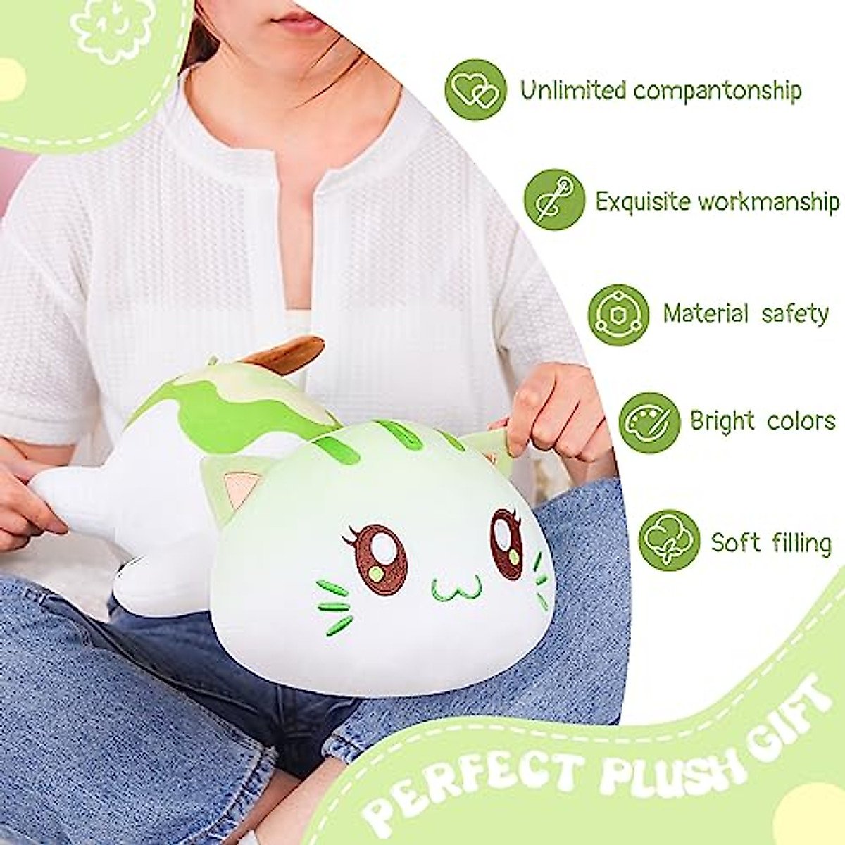 AIXINI Cute Avocado Cat Plush Pillow 13.7" Kitten Stuffed Animal, Soft Kawaii Cat Plushie Gift for Kids