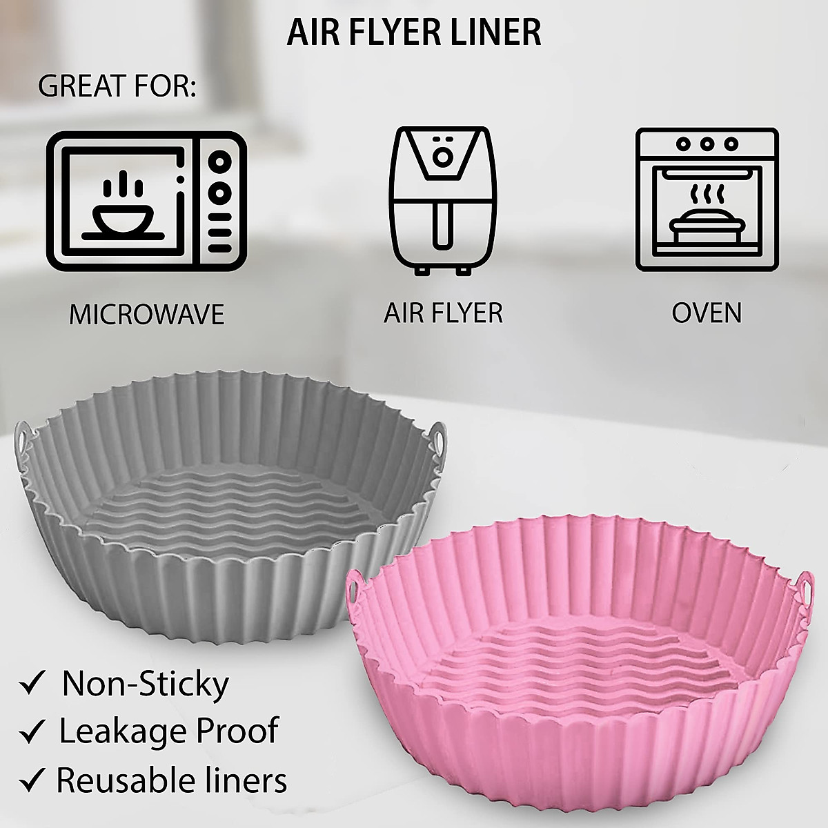 2 Pack Square and Round Air Fryer Silicone Liners | Silicone Air Fryer Liners Pot 2 to 5 QT Replacement of Parchment Paper Liners, Non-Stick, Food Grade, Oven Accessories Reusable Liners Pink + Grey