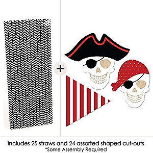 Beware of Pirates Paper Straw Decor - Pirate Birthday Party Striped Decorative Straws - Set of 24
