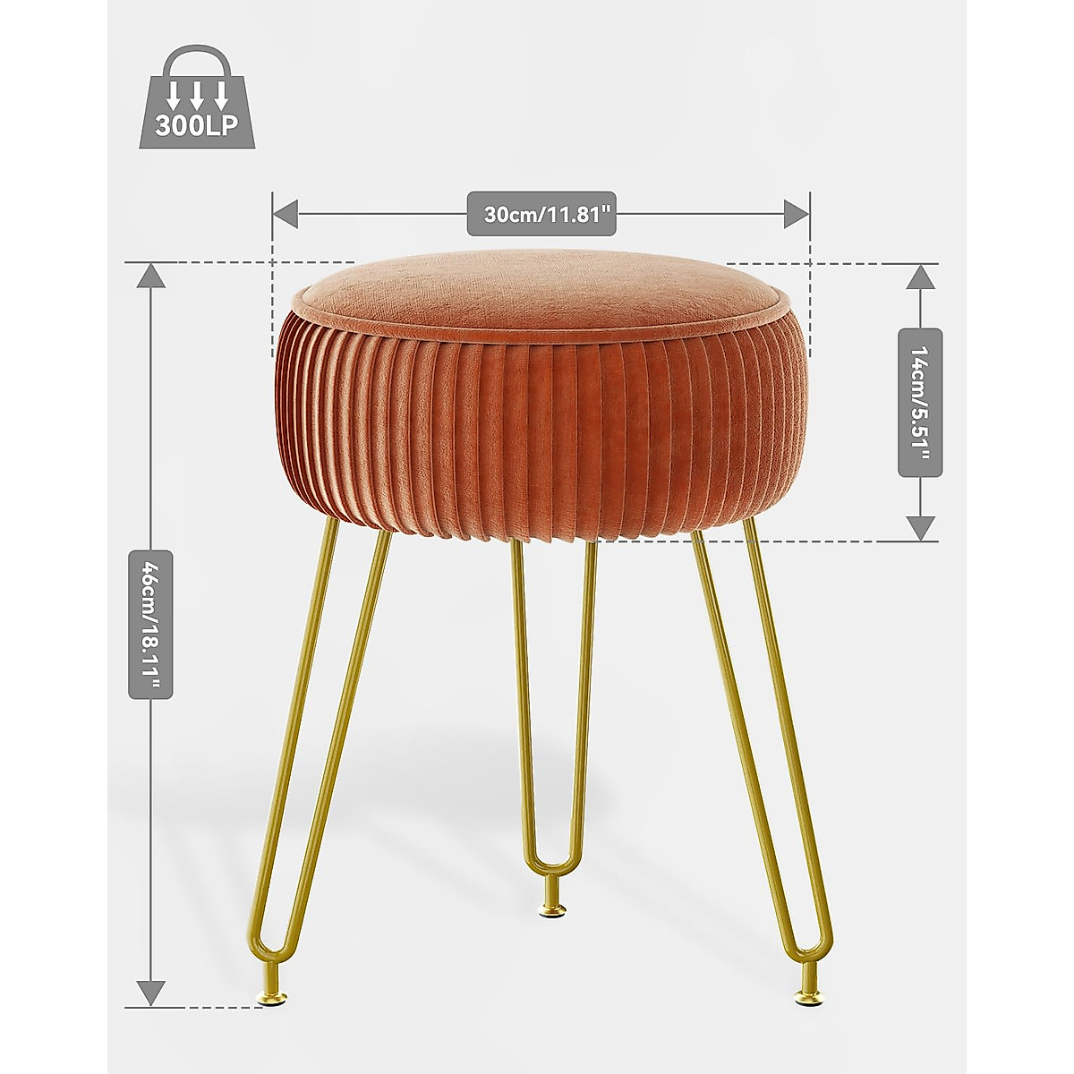 IBUYKE Velvet Round Footrest Stool Ottoman, Makeup Vanity Stool Side Table, Velvet Dressing Table Seat, Pouf Couch Stool, Golden Steel Legs, Orange LG-30J