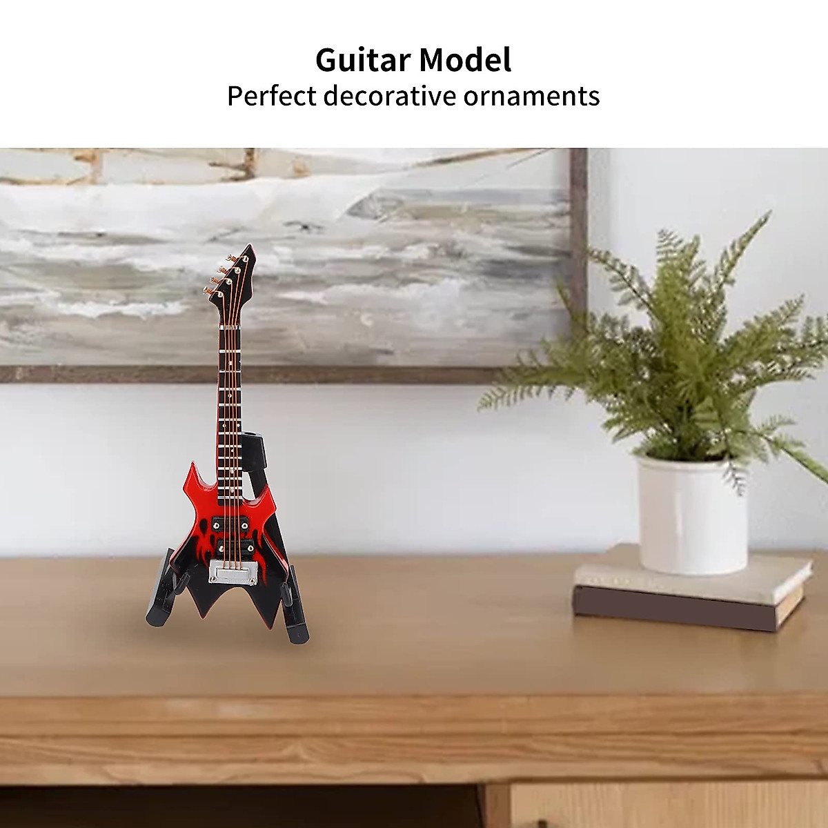 3.9in Miniature Bass Model, Dollhouse Mini Musical Instrument Guitar Model With Stand and Case (10cm Red Pointed Electric Bass)