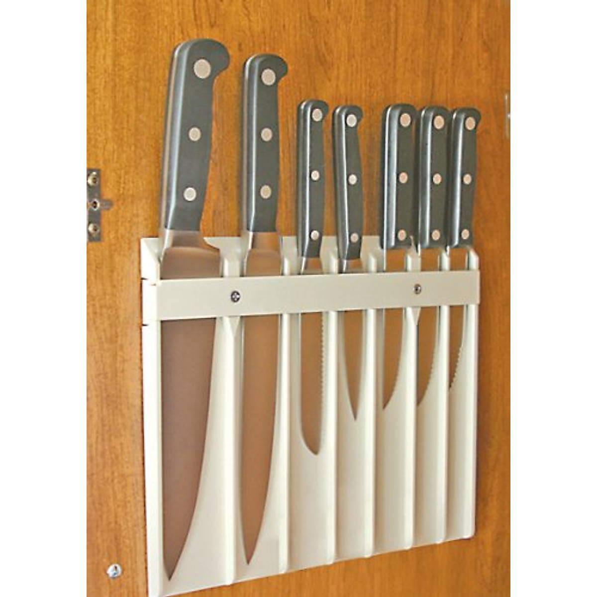 Camco Knife Safe - Securely Mounts on Wood or Metal Surfaces, Holds 7 Cooking and Carving Knives, Organize and Store Knives While Creating Space - (9" x 11") Beige (43583)